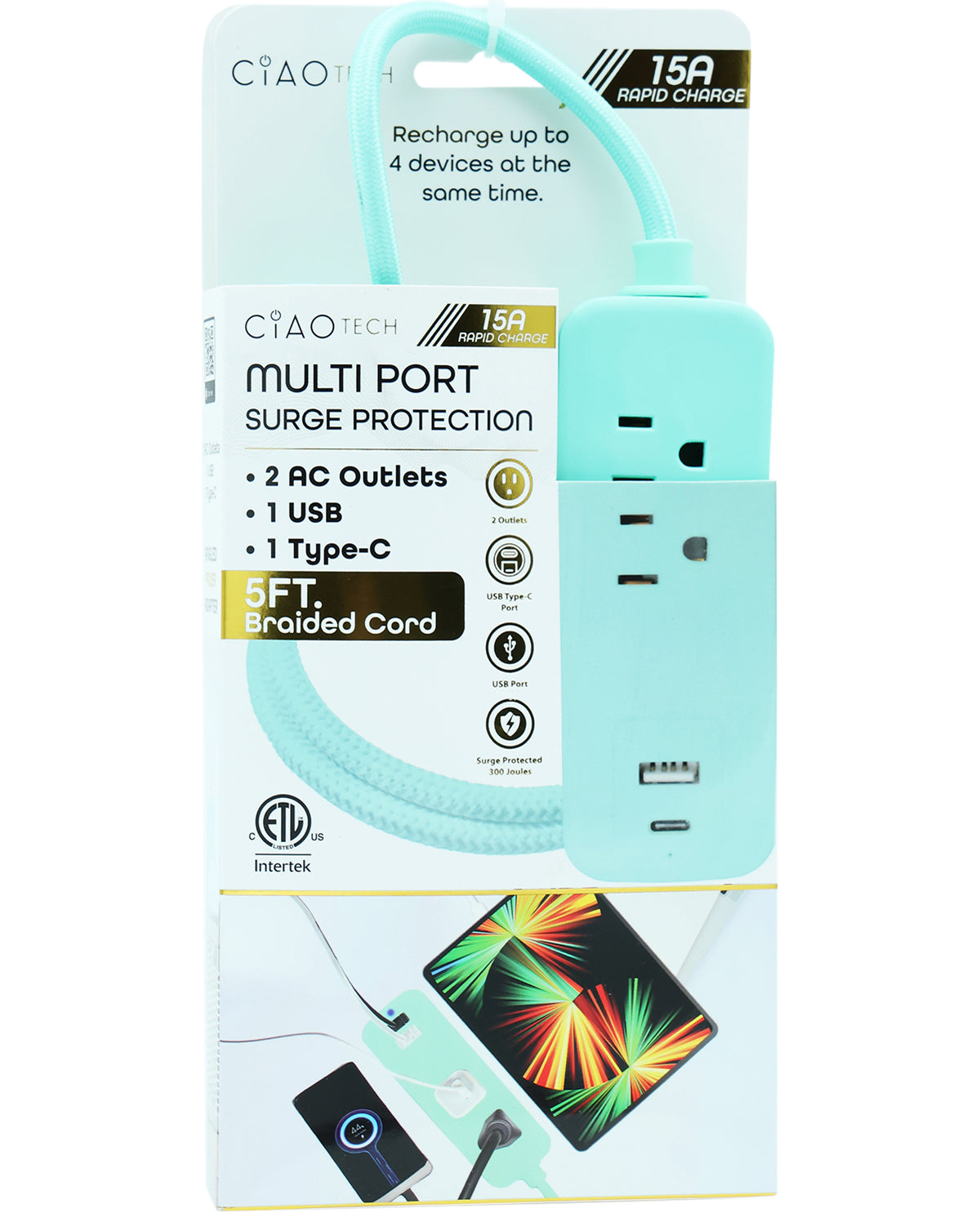 5ft. Seafoam Green Extension Cord with Type-C & USB Ports – Hamrick's Shop